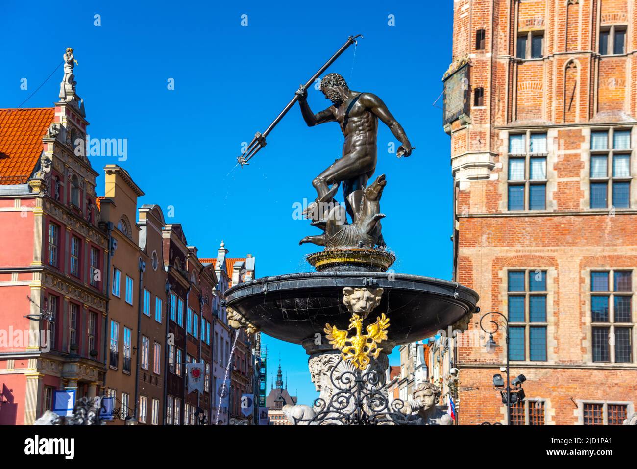 statue of Neptune fountain, symbol of city Gdansk, Poland, old town ...