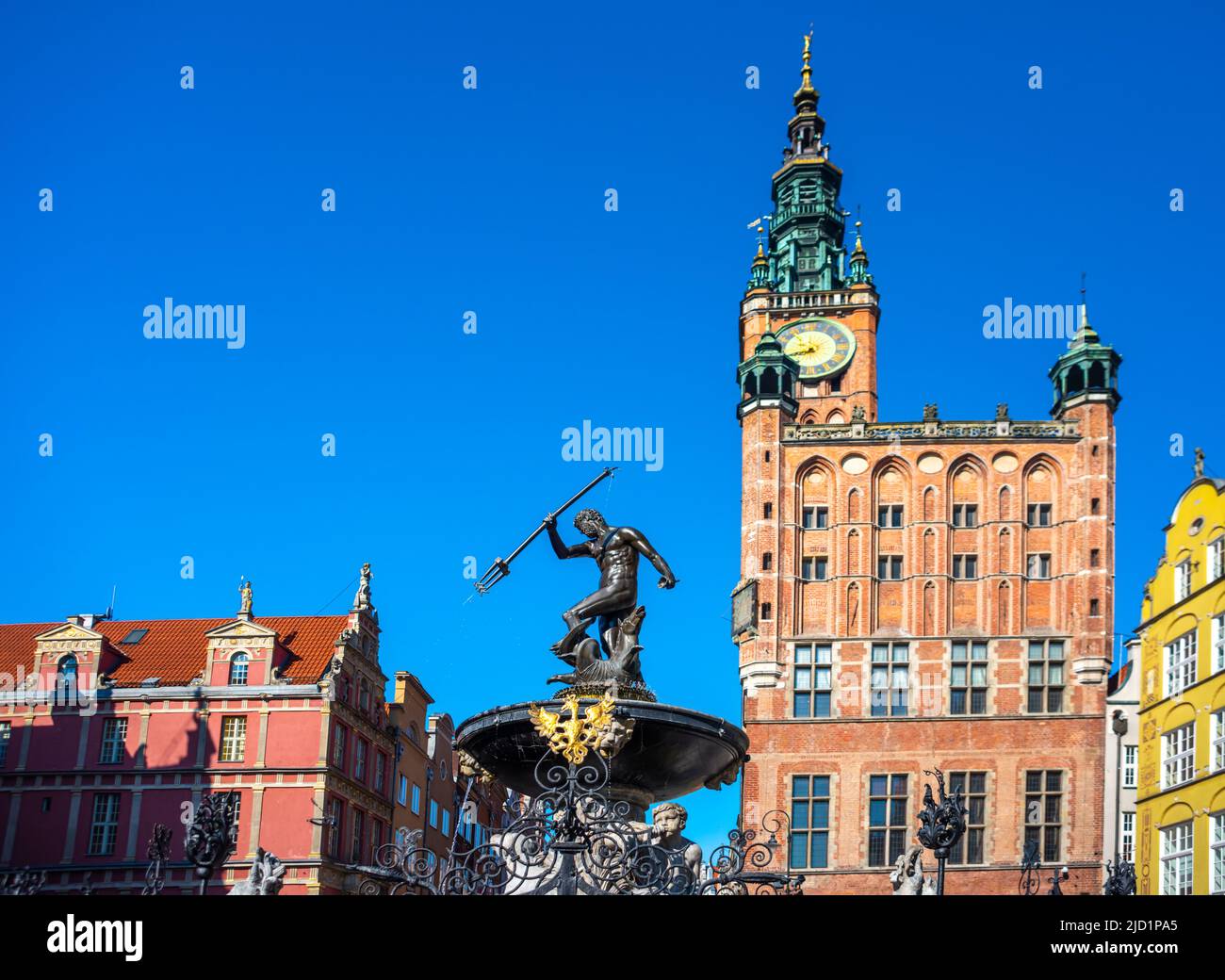 statue of Neptune fountain, symbol of city Gdansk, Poland, old town ...