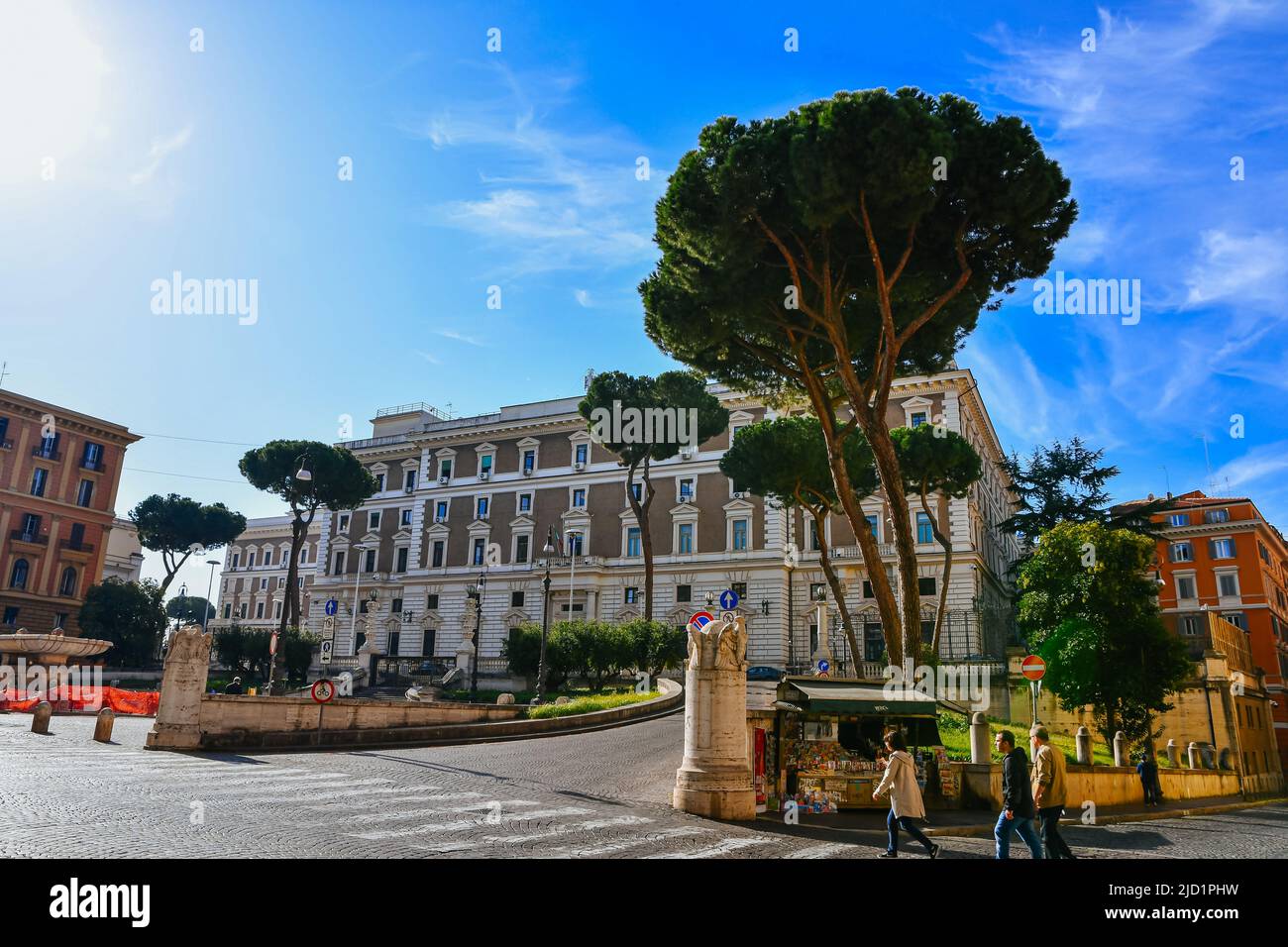 Circa 2019: Rome, Italy - trees of Umbrella Pines. Buildings in the ...