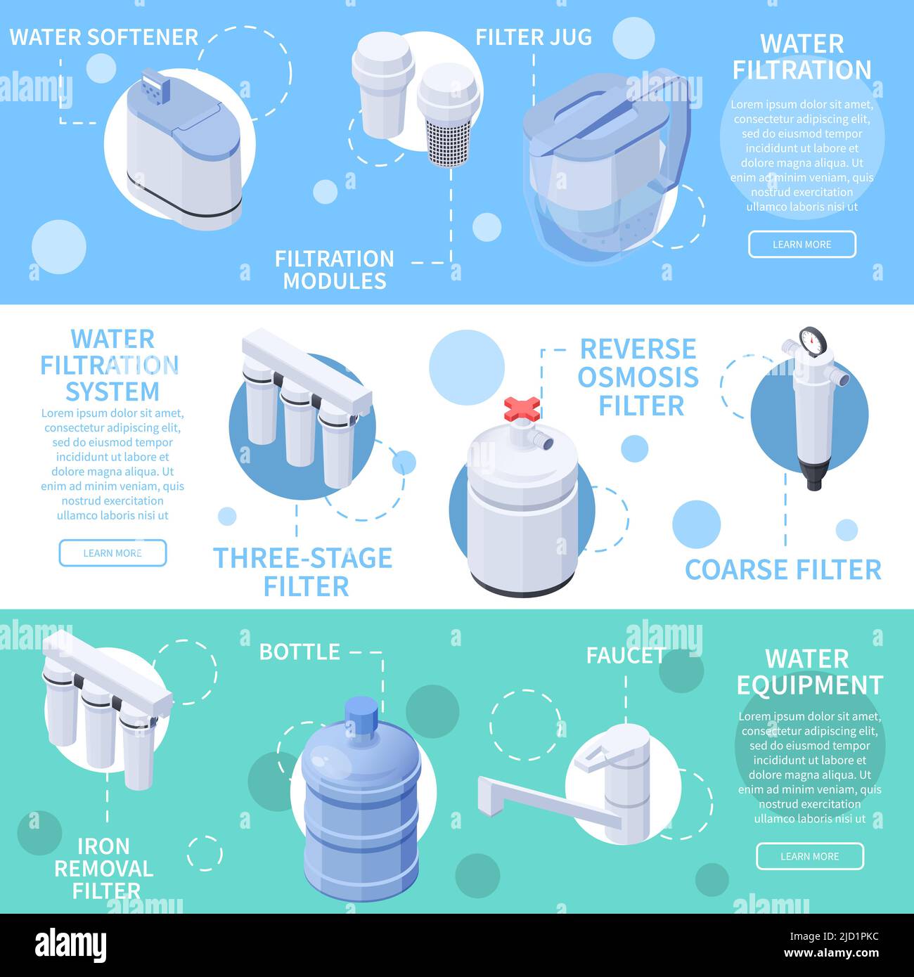 Water filtration isometric horizontal banners set with filters faucet ... Water filtration isometric horizontal banners set with filters faucet ...