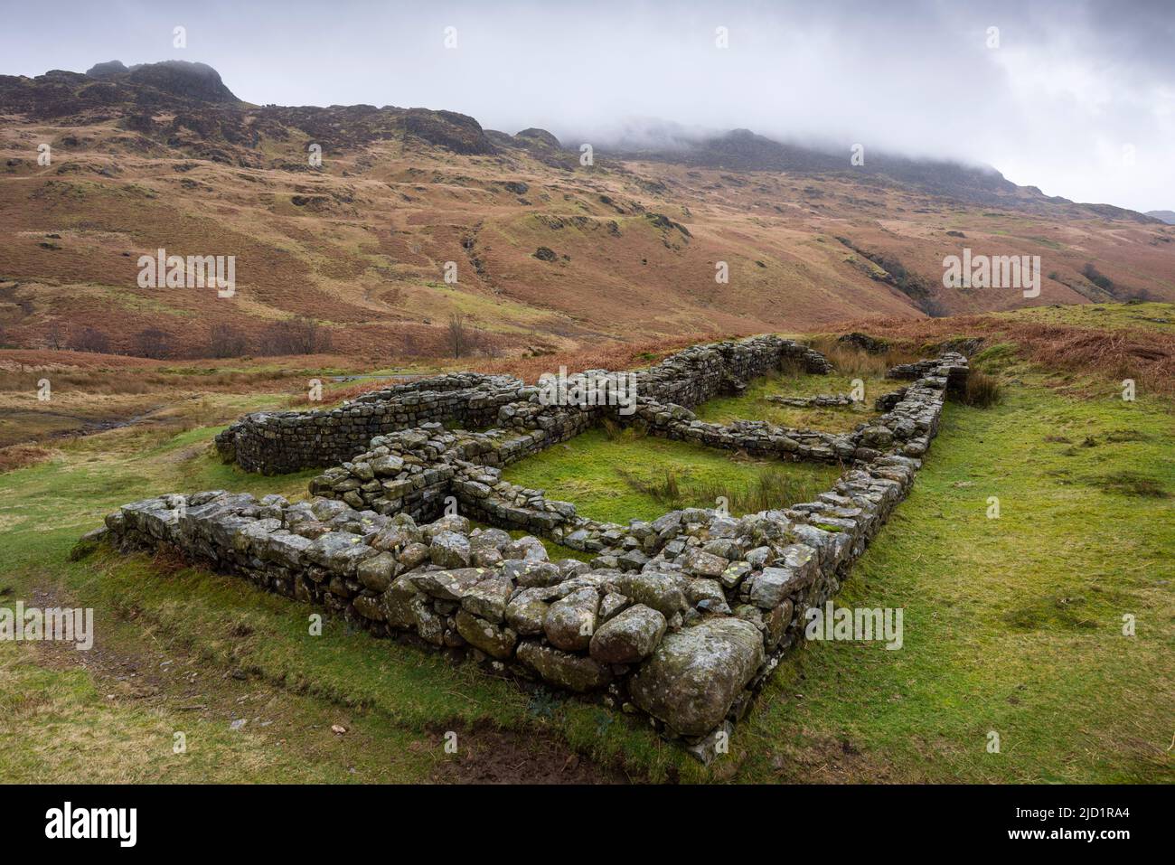 The bath house at Hardknott Roman Fort below Harder Fell in the Lake ...