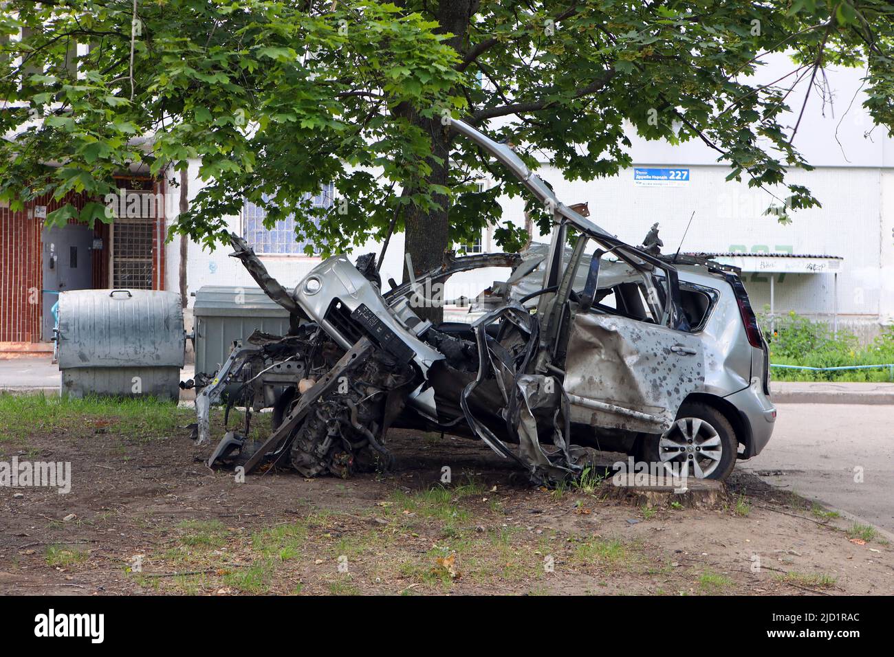 KHARKIV, UKRAINE - JUNE 16, 2022 - A destroyed car is pictured in ...