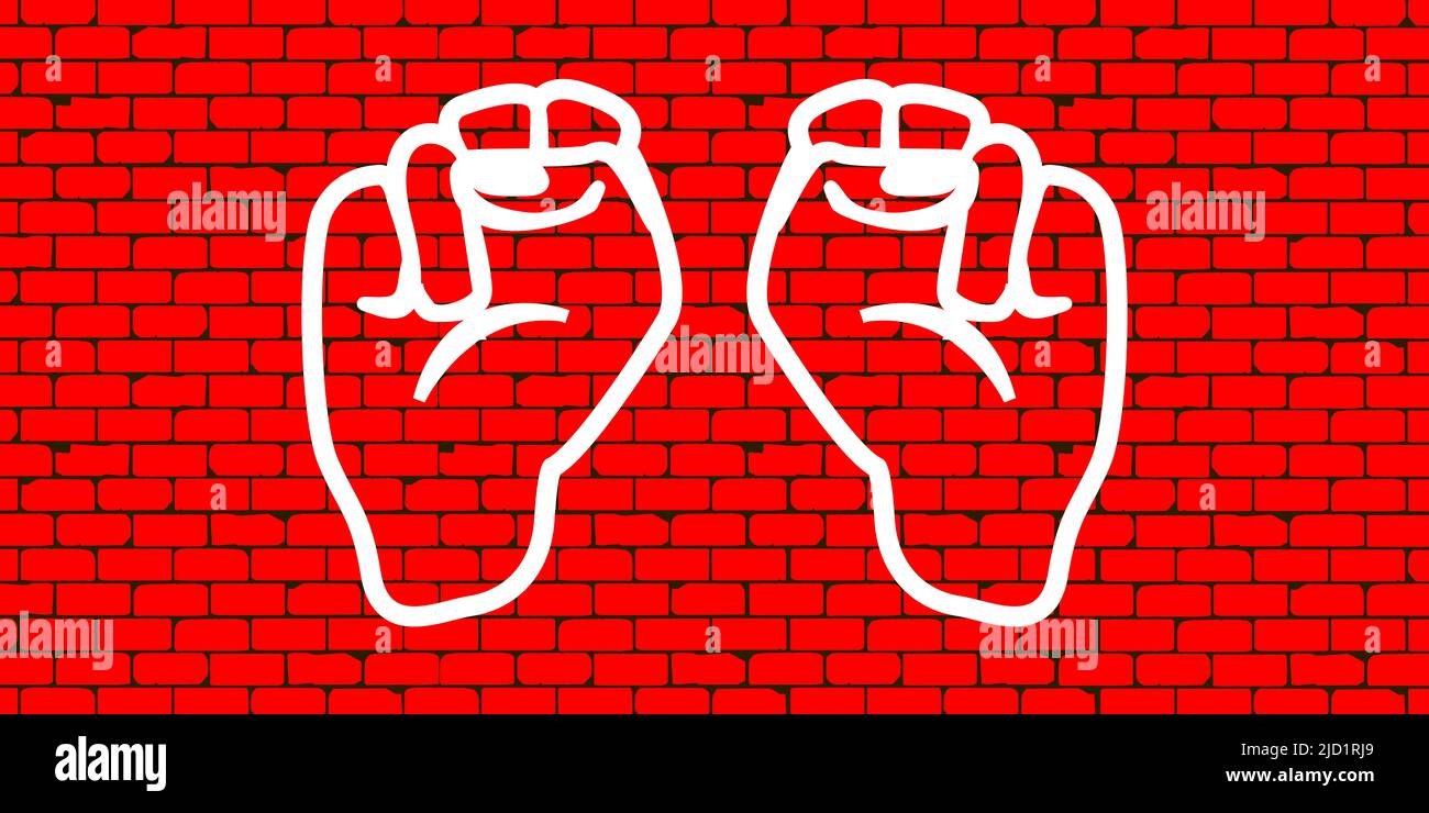 A pair of white outline power fists set onto a typical red brick wall ...