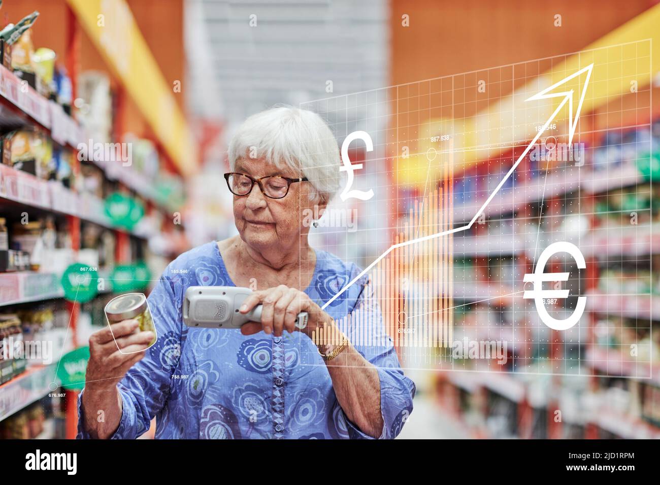 Financial chart and senior woman shopping in supermarket Stock Photo ...