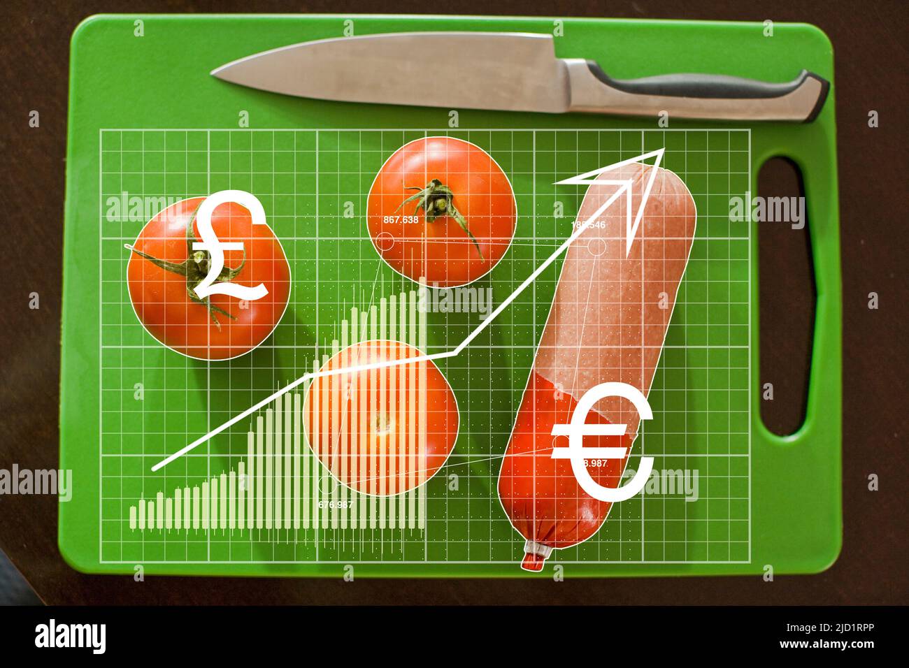 Financial chart and tomatoes with sausage on cutting board Stock Photo ...