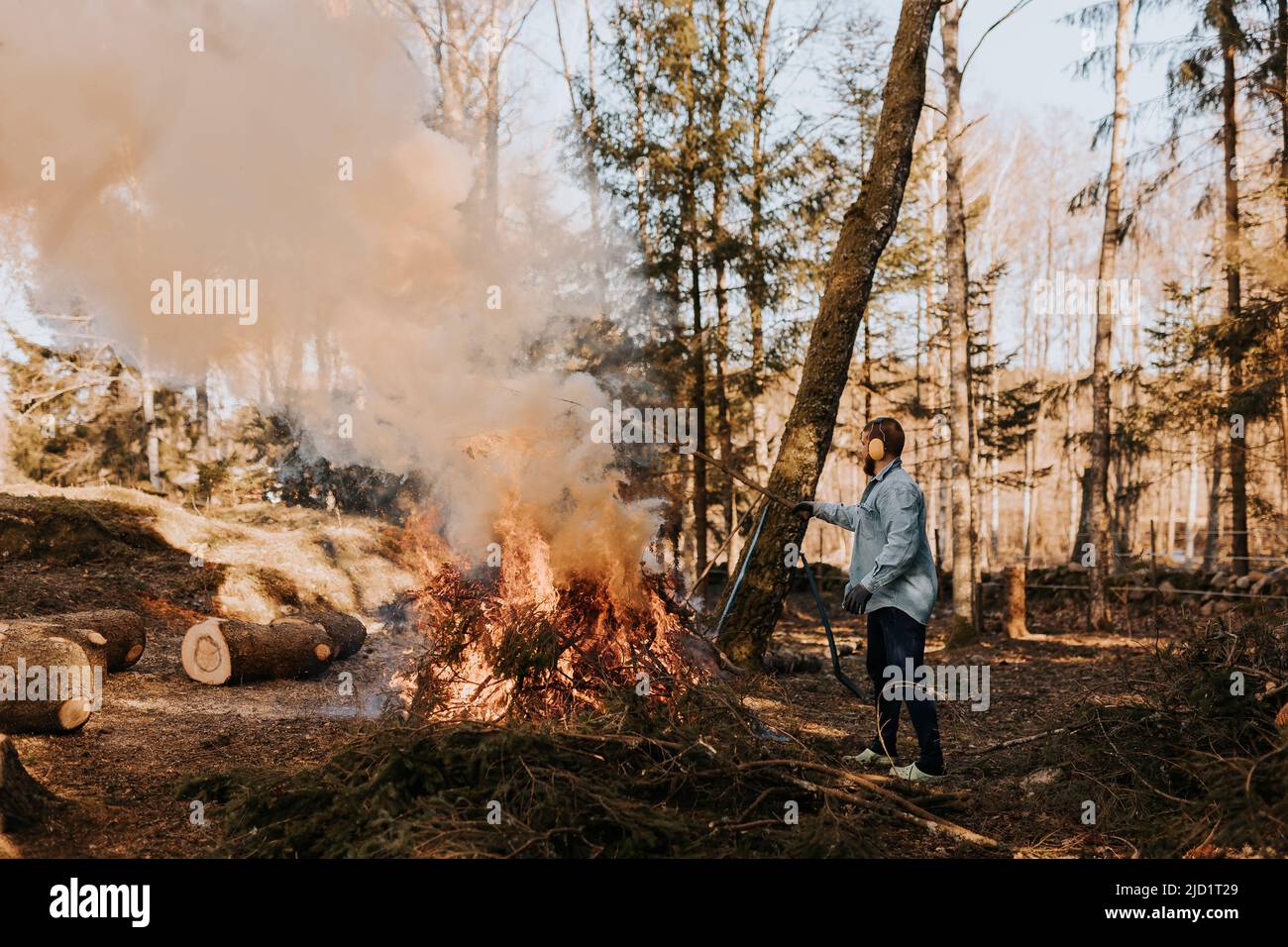 Man burning branches in forest Stock Photo - Alamy