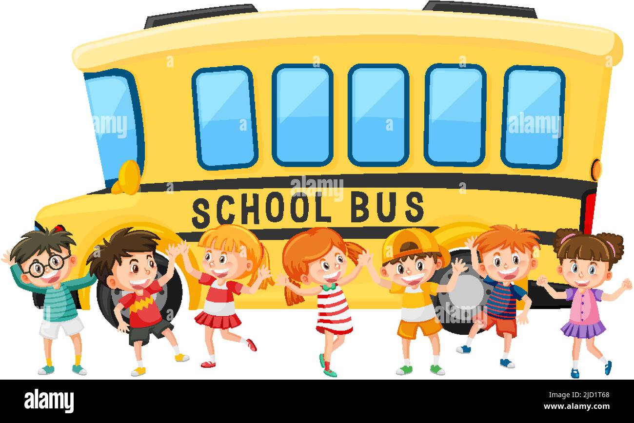 Group of happy children and school bus illustration Stock Vector Image ...