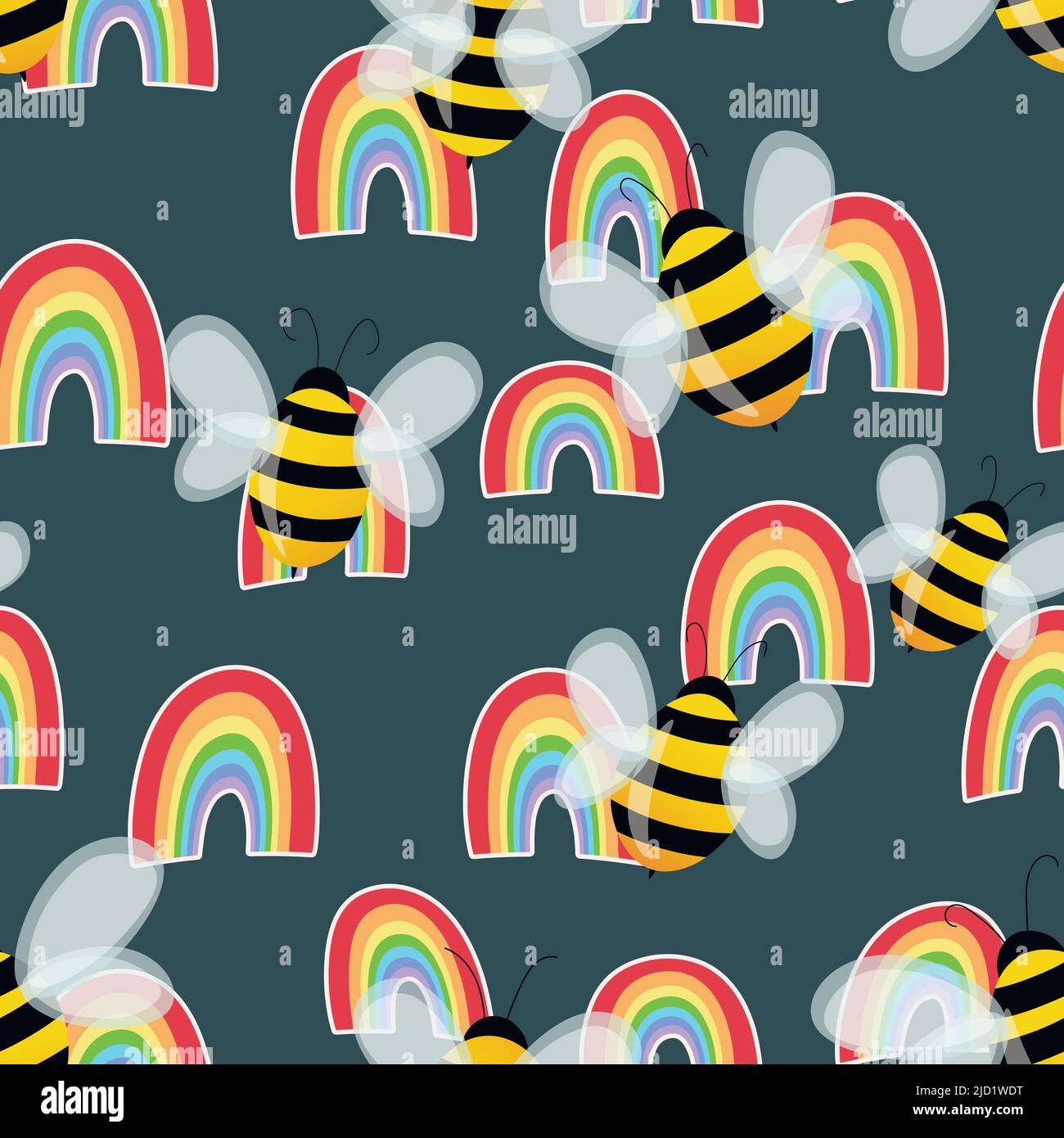 Seamless pattern with bees and rainbow. Small wasp. Vector illustration ...