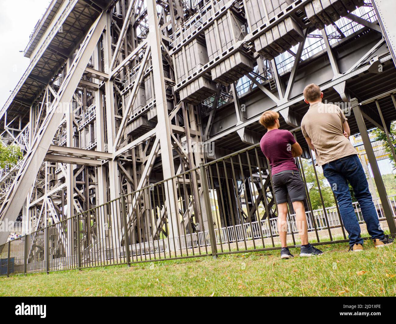 Niederfinow, Germany - Aug 2020: Two boys looking at the Niederfinow ...