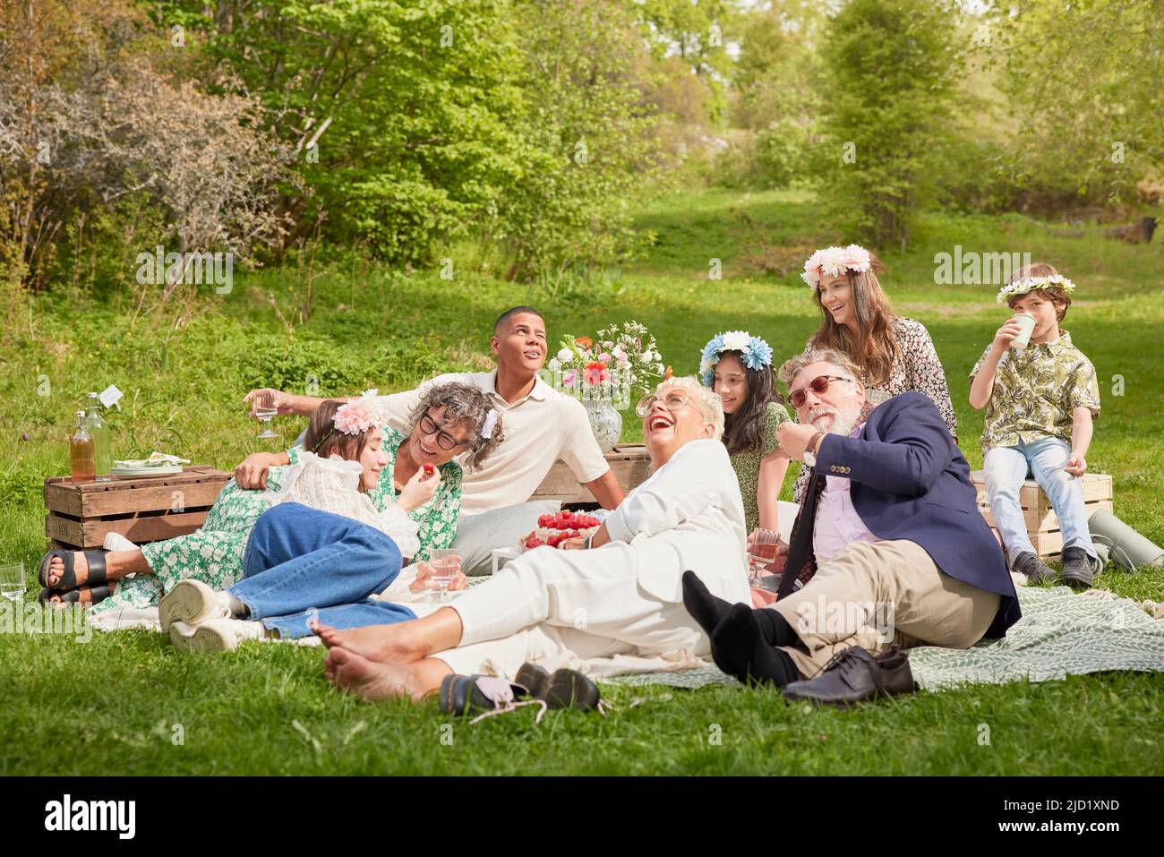 Family having picnic on grass Stock Photo - Alamy