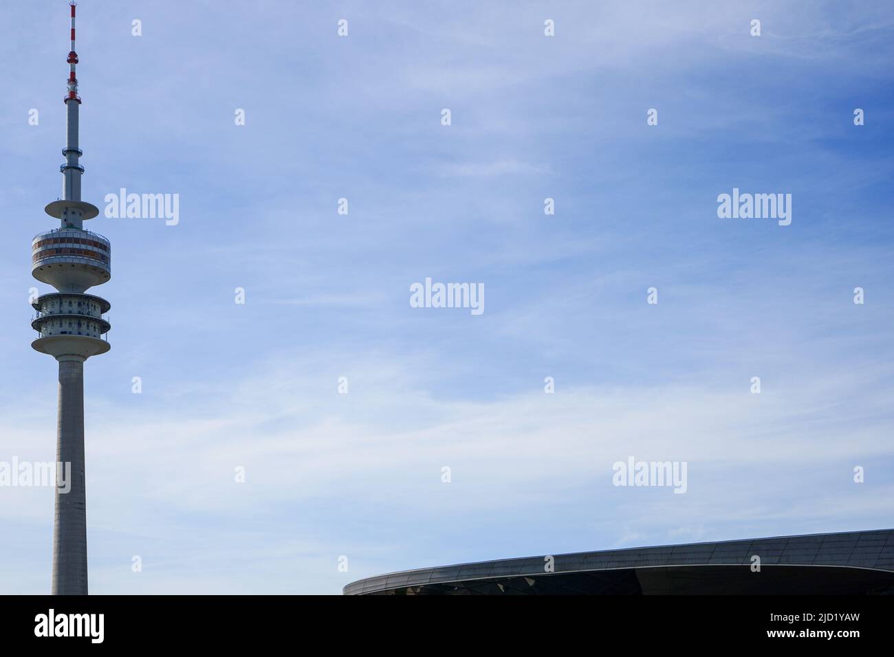 View from BMW Welt of the Olympic Tower, the 291 m high television tower in Munich and one of ...