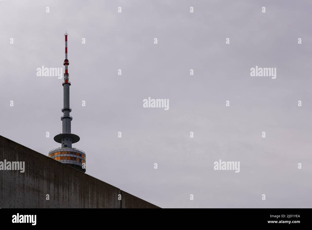 View from BMW Welt of the Olympic Tower, the 291 m high television tower in Munich and one of ...