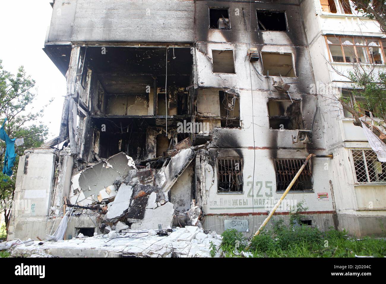 A destroyed prefab apartment block is situated in Pivnichna Saltivka, a ...