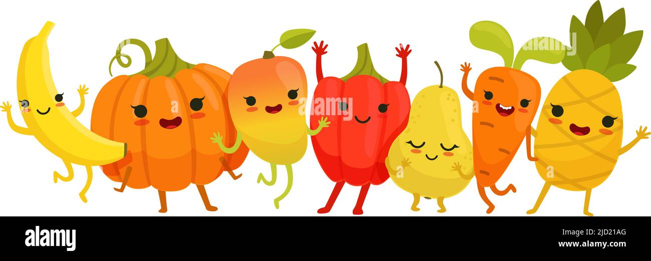 Happy fruits and vegetables together. Natural friends characters Stock ...