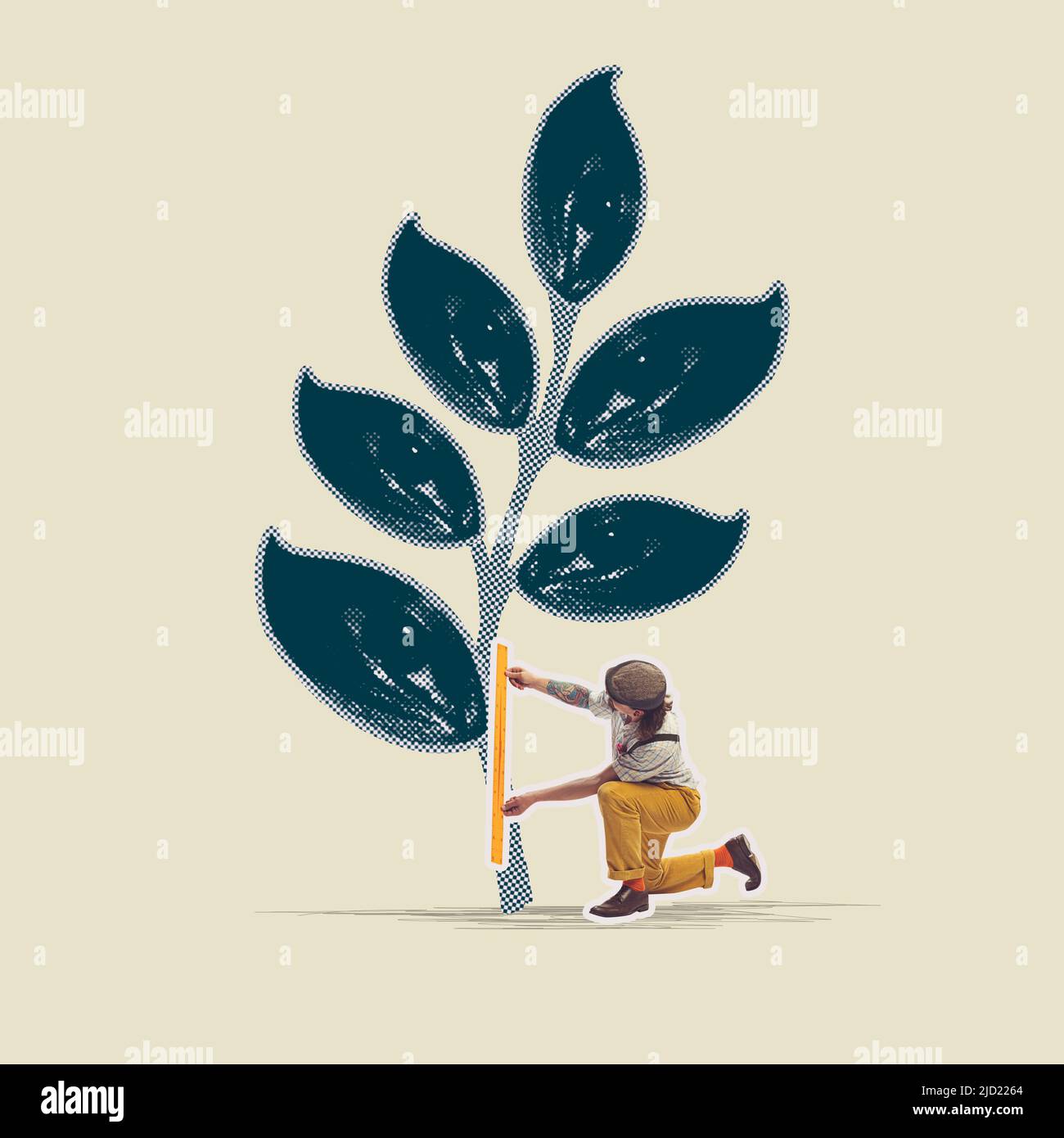 Contemporary art collage. Conceptual image with man measuring big plant ...