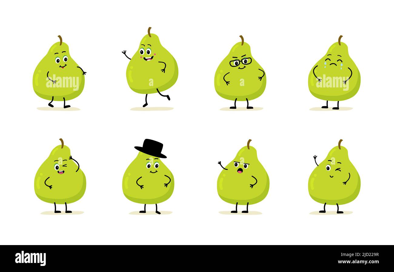 pear character with funny face. Happy cute cartoon emoji set. Cute and ...