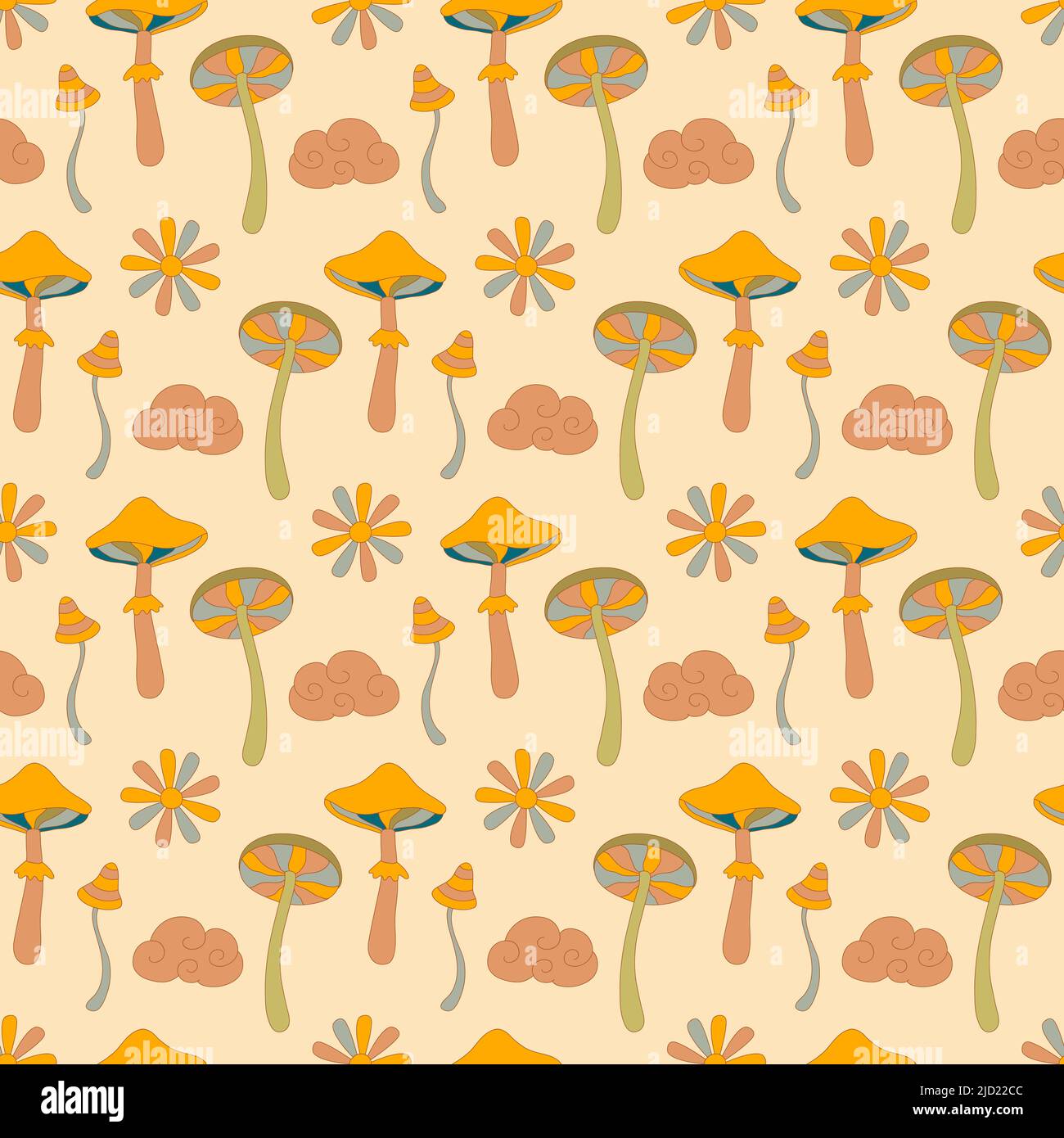 Cute Mushrooms 70s style seamless pattern. Boho retro 1970s Stock ...