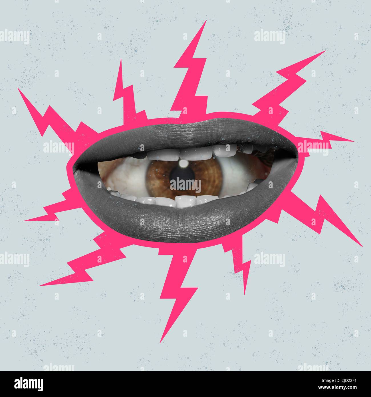 Contemporary art collage. Conceptual image with eye inside human mouth ...