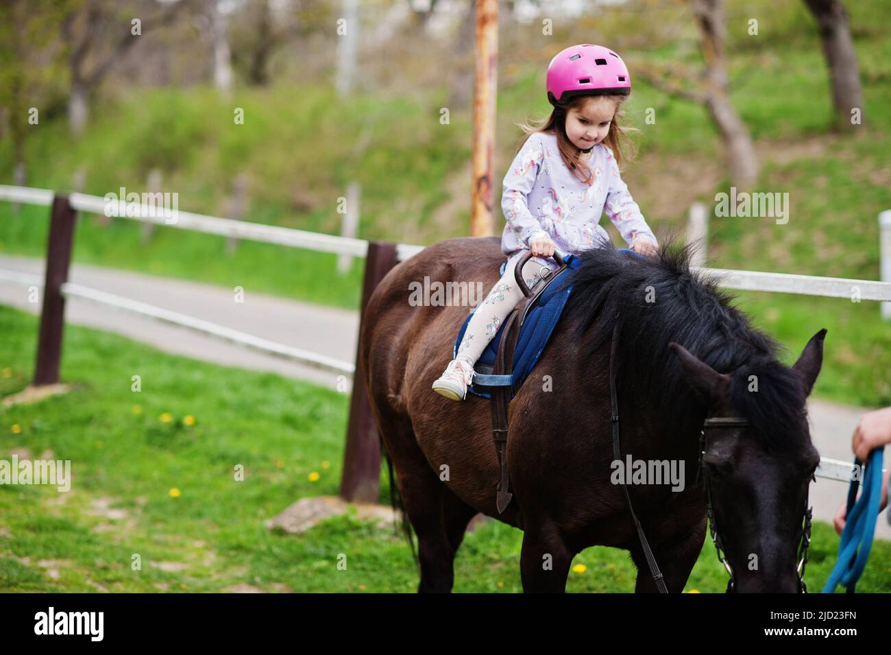 Small baby girl in pink helmet ride pony Stock Photo - Alamy