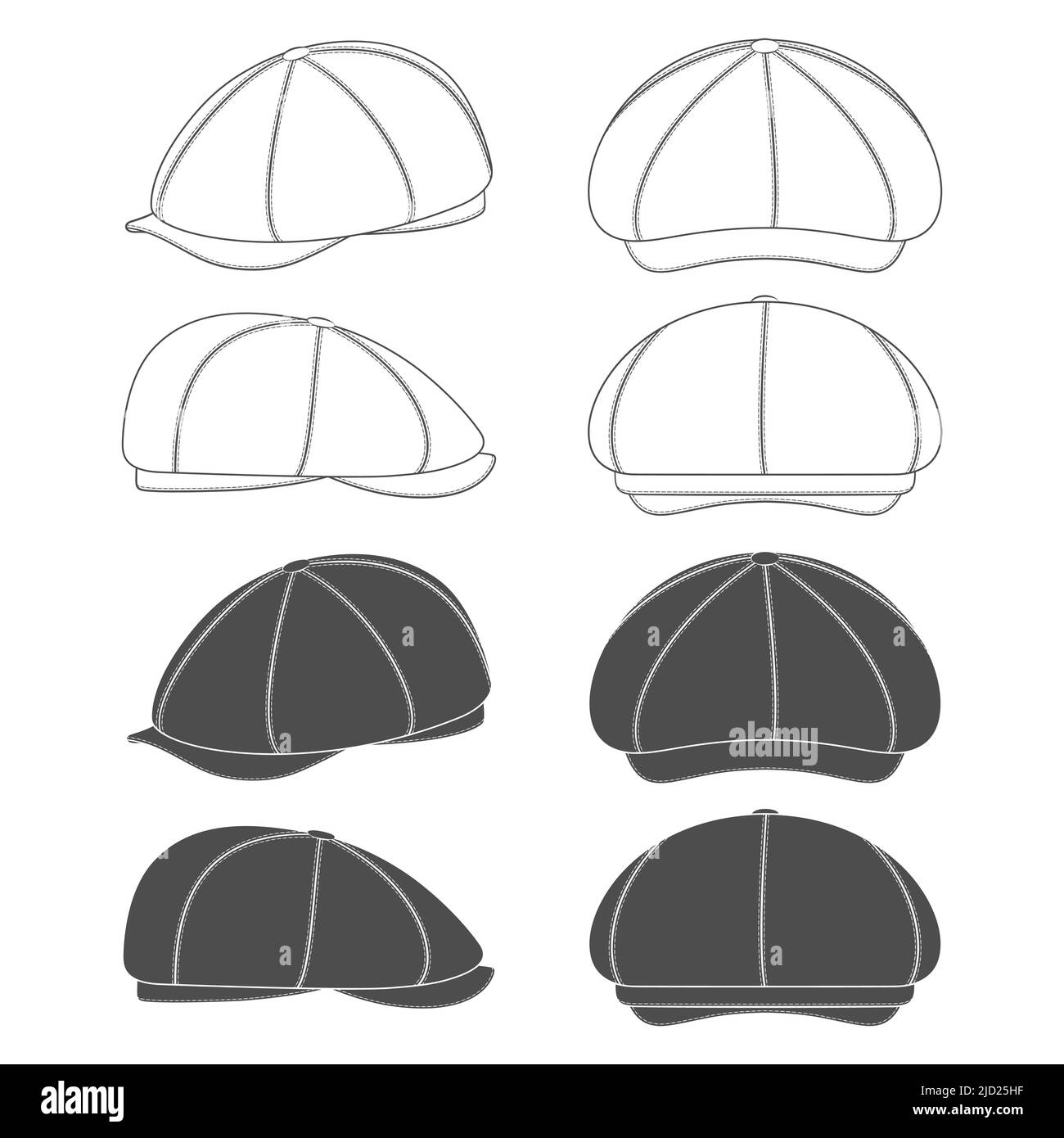 Set of black and white illustrations with peaked cap, forage cap, kepi ...