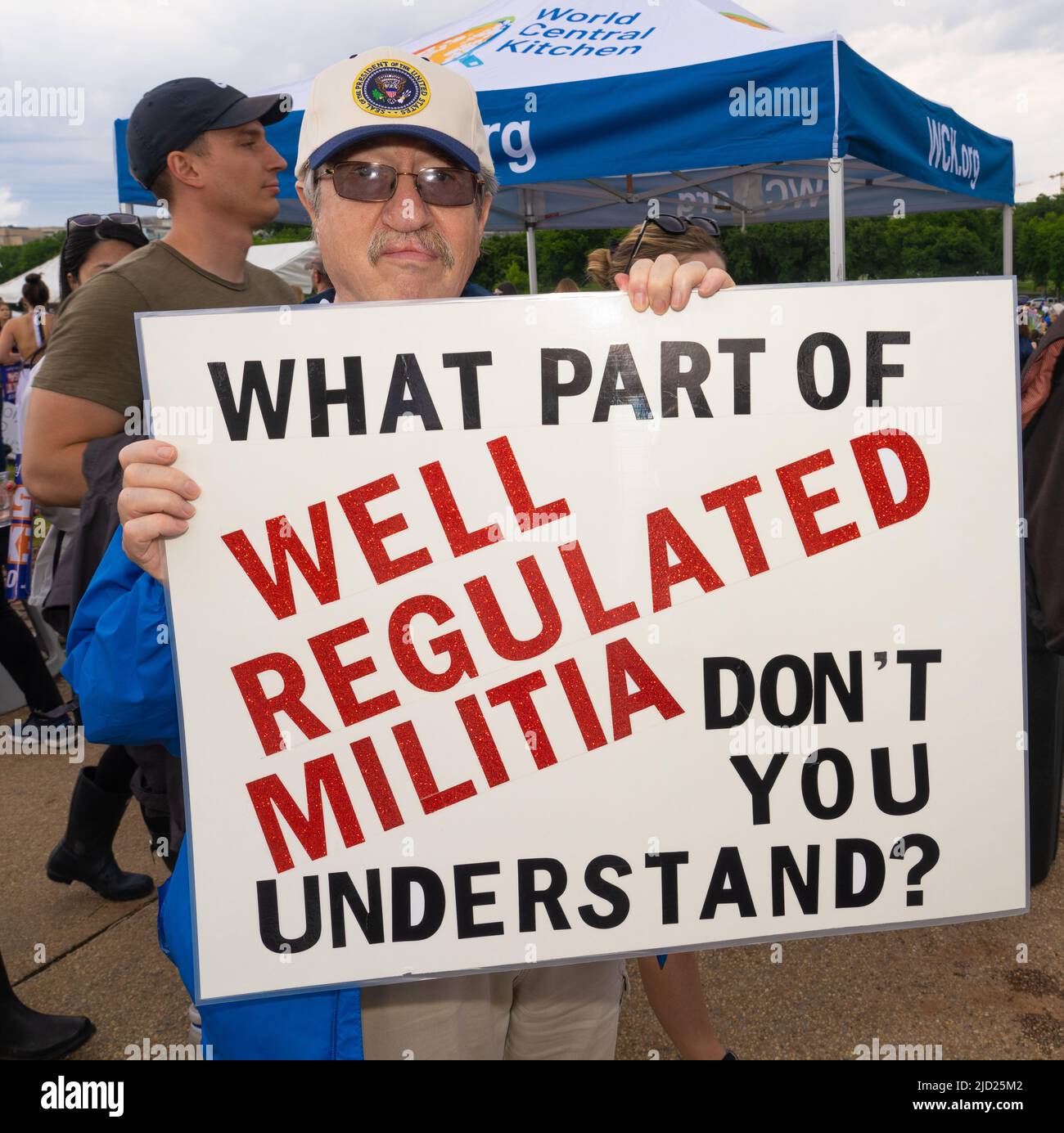 "What part of Well Regulated Militia don't you understand?" reads the ...