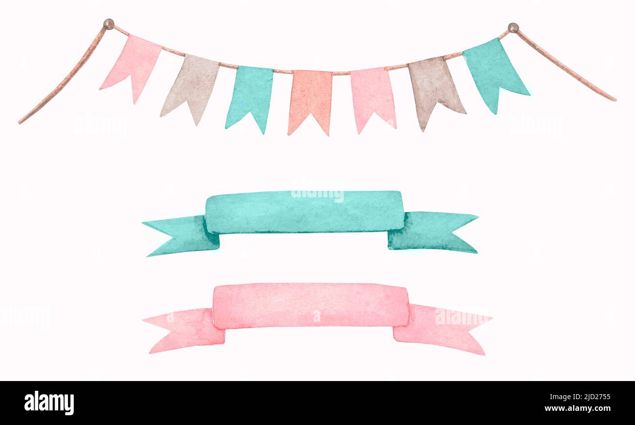Watercolor hand painted garland with flags, ribbon for inscription in ...