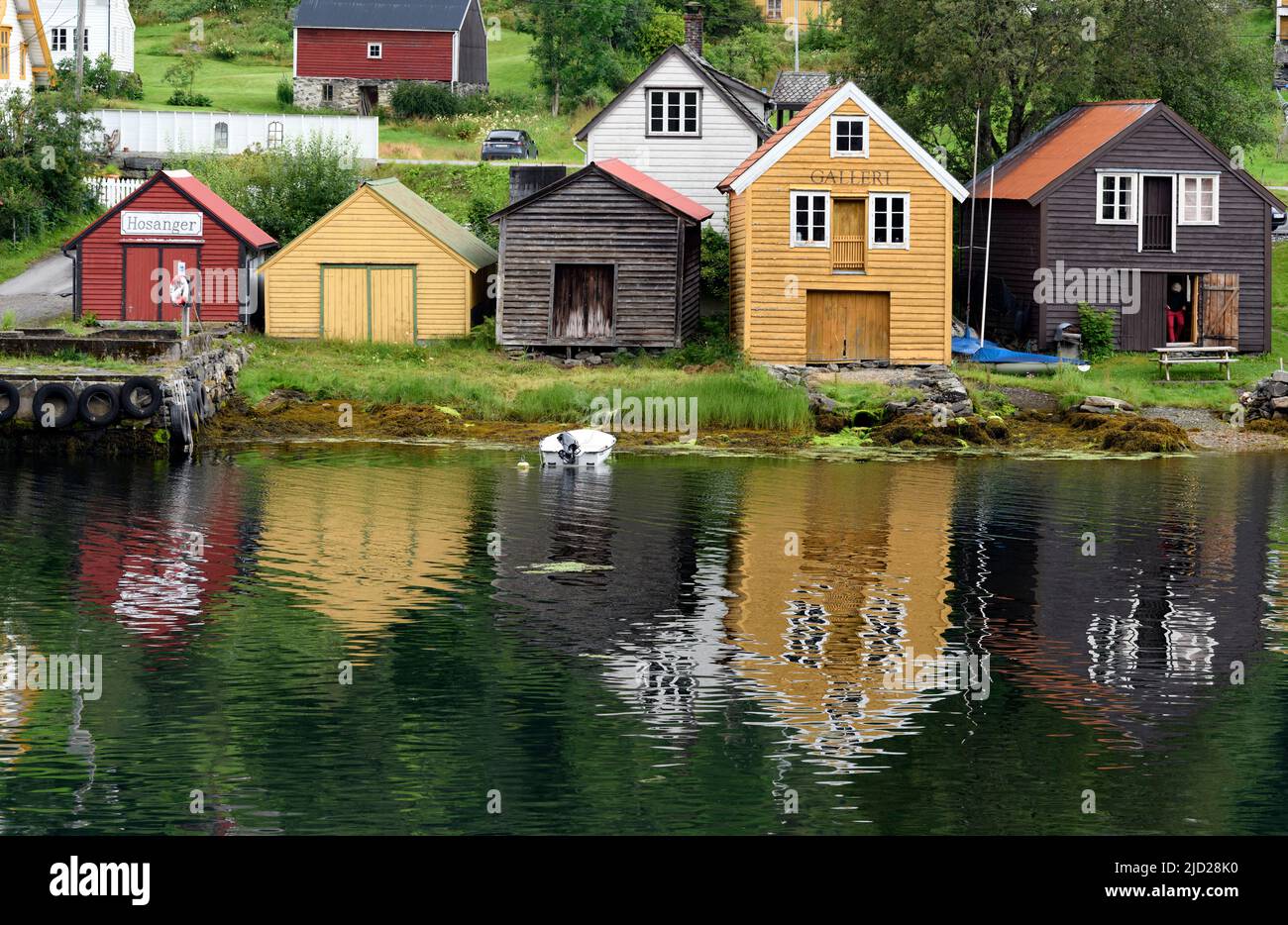 Traditional boat houses at Totlandsvik, Osteröy (Vestland, Norway) in ...