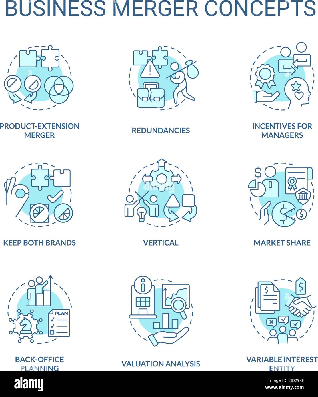Business merger and consolidation turquoise concept icons set Stock ...