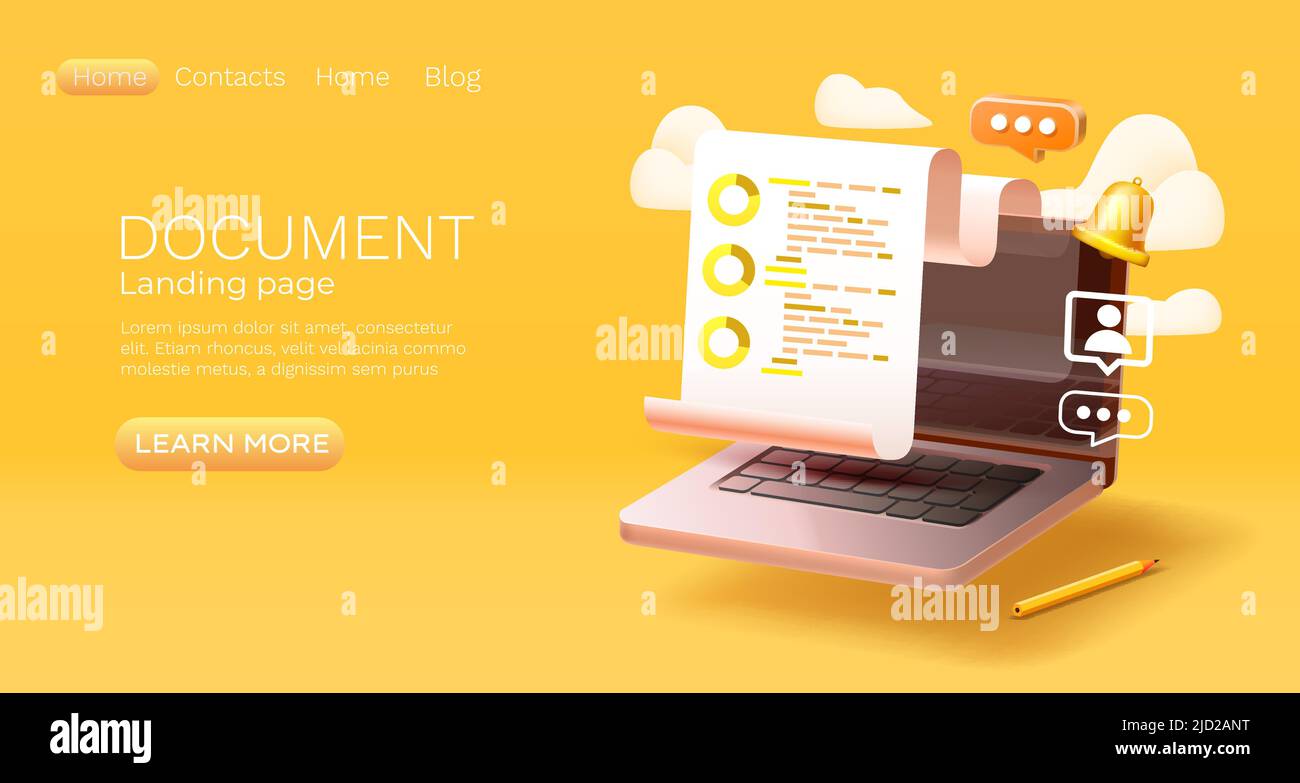 Landing page laptop document, banner message. Vector illustration Stock ...