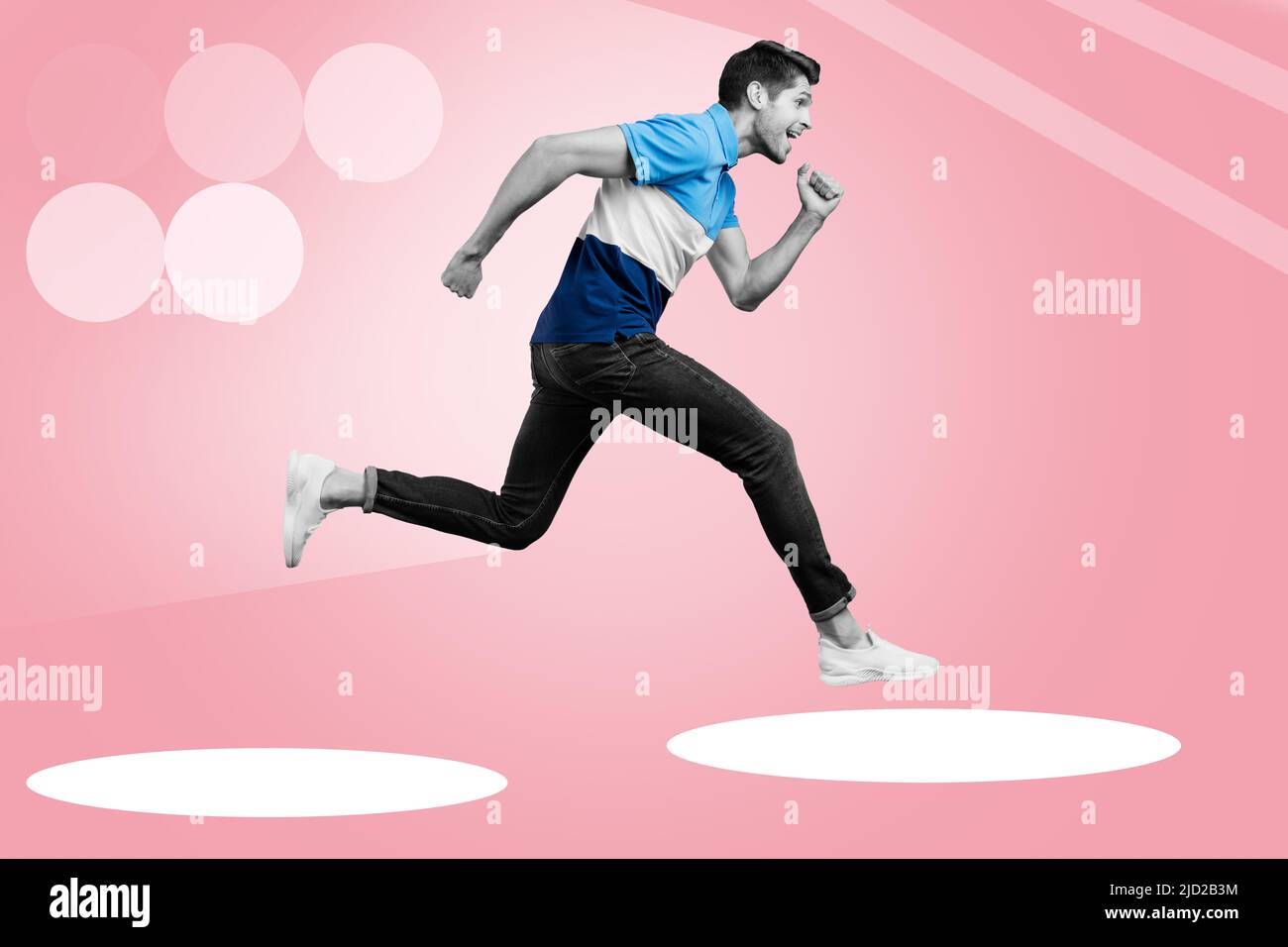 Collage photo man with black and white effect filter running towards ...