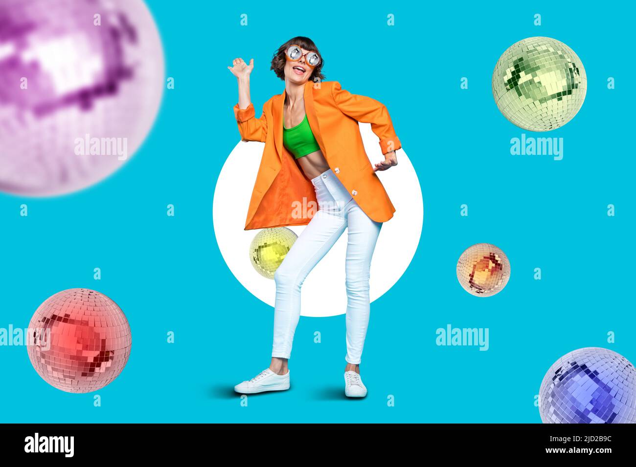 Collage picture of energetic active female have fun dancing surrounded ...