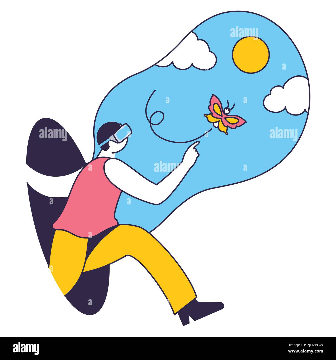 Cartoon Man Touching Imaginary Butterfly Through VR Glasses On Blue And ...