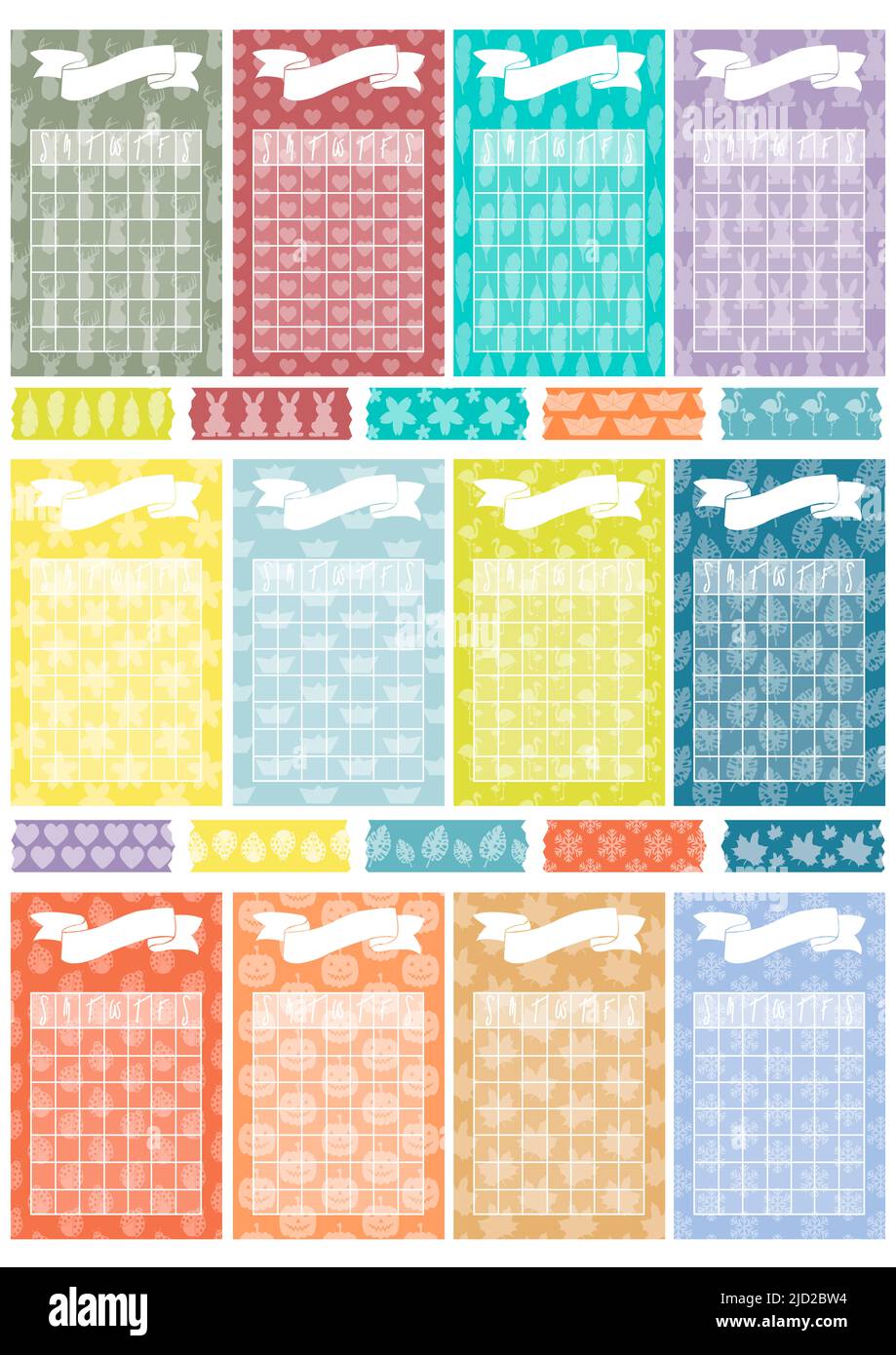 Twelve colorful perpetual calendars with differents shapes Stock Photo ...
