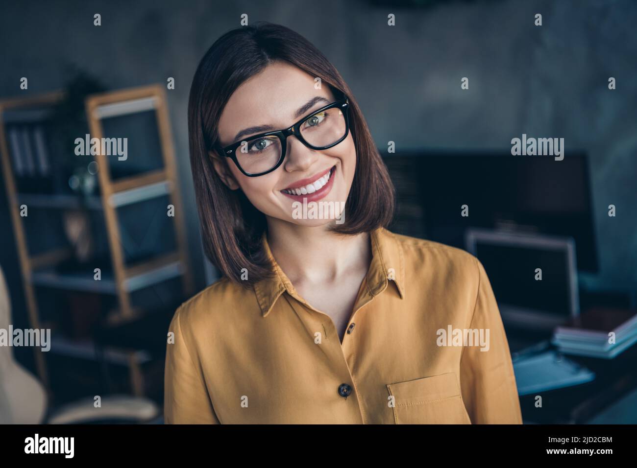 Portrait of attractive cheerful brown-haired girl hr director assistant ...