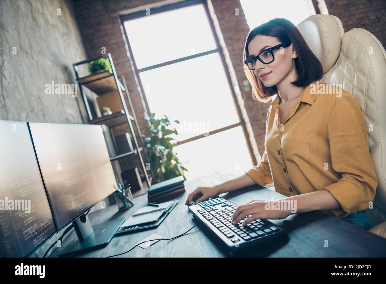Profile photo of smart happy web designer lady sitting chair keyboard ...