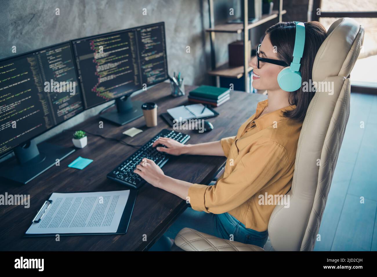 Profile Side View Portrait Of Attractive Cheery Focused Girl Geek Writing Project Php Debugging