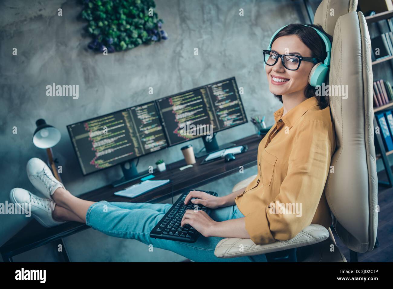 Photo of cheerful attractive lady database editor sitting chair enjoy ...