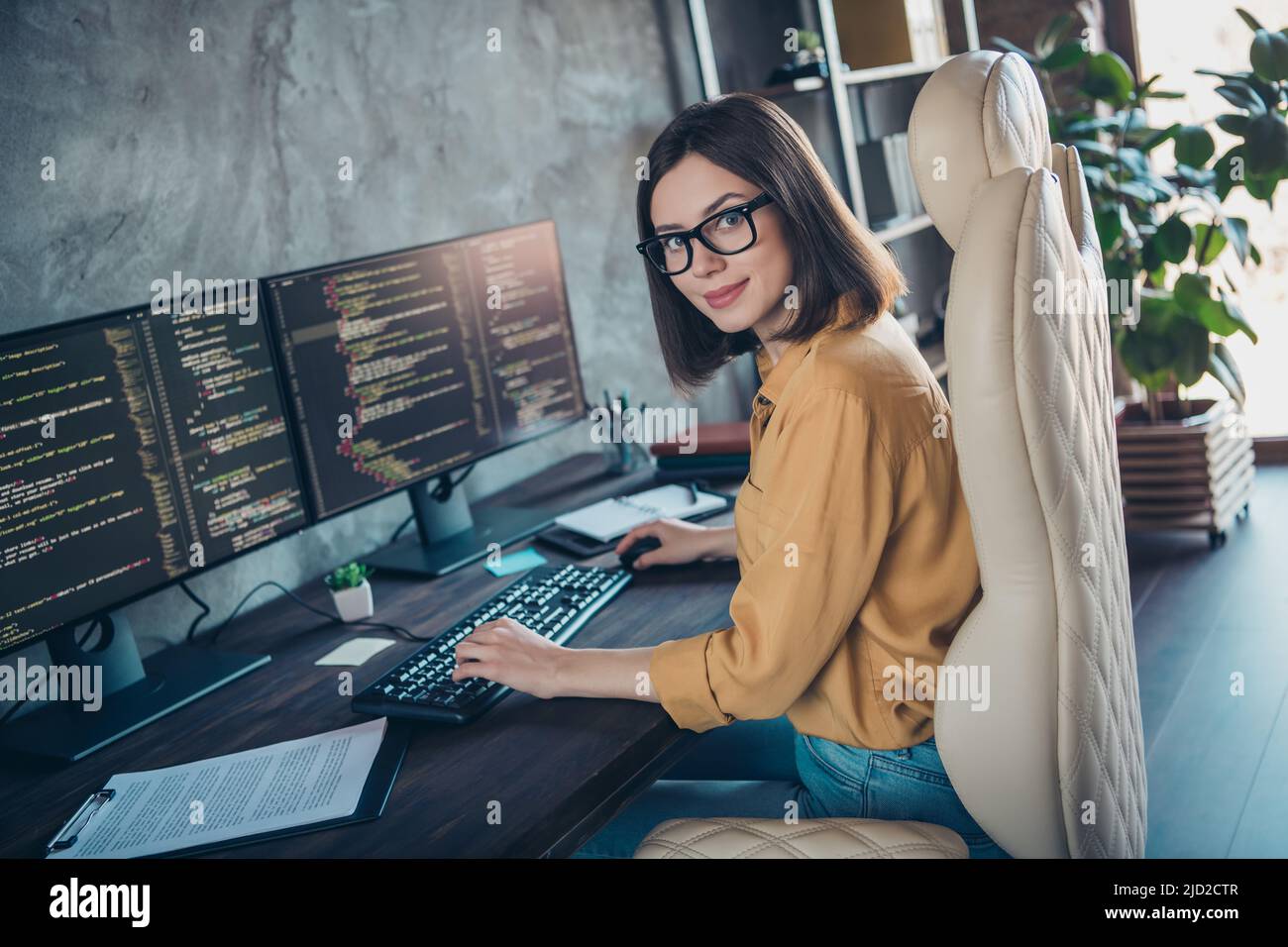 Profile side view portrait of attractive cheery girl expert developing ...
