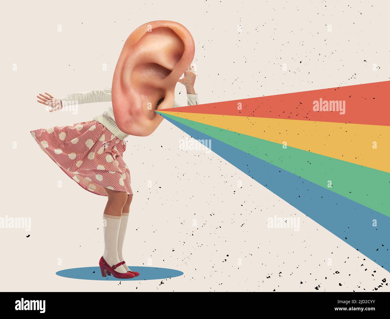 Woman's body in retro style outfit headed with huge ear. Contemporary ...