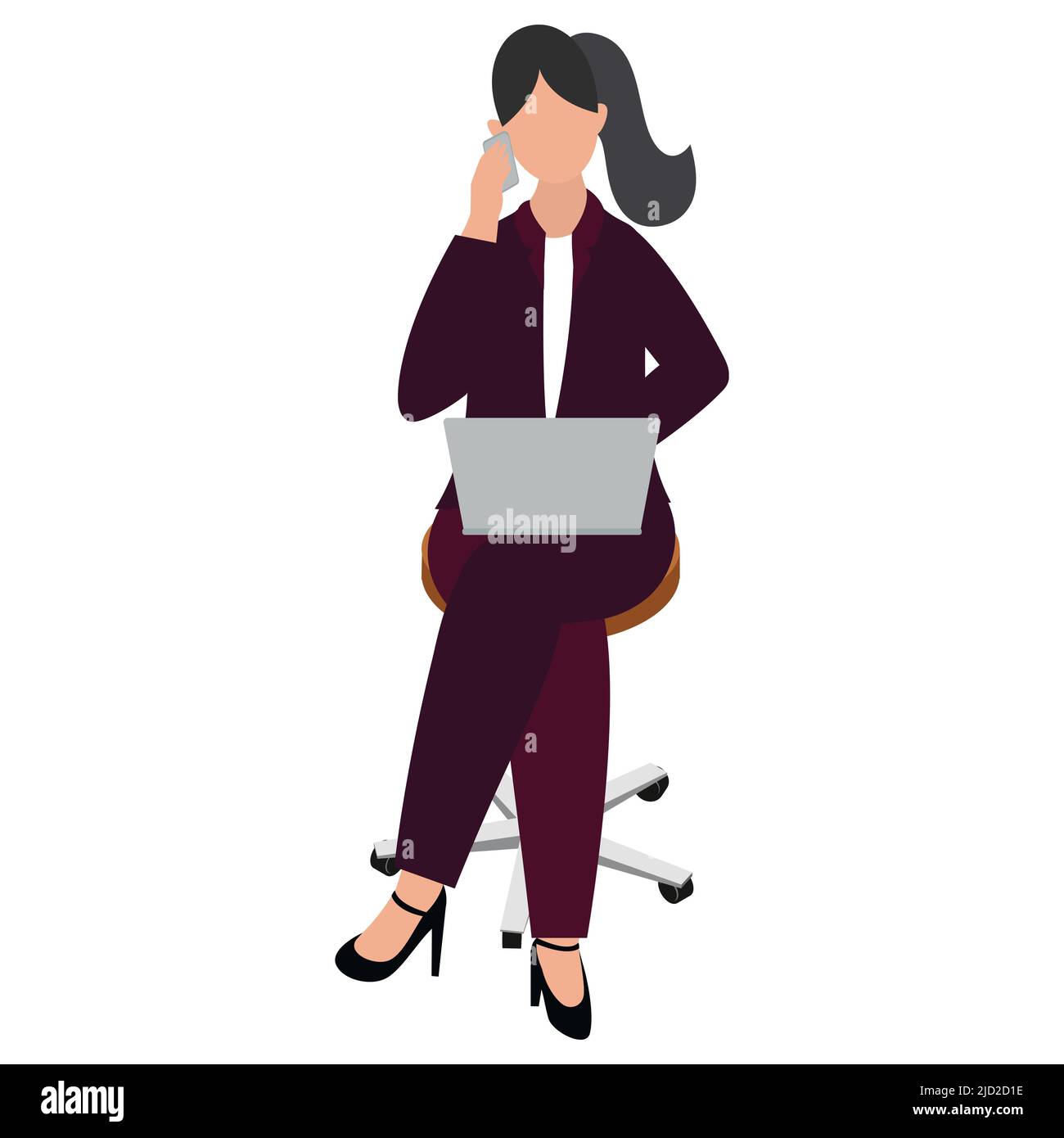 Faceless Young Woman Using Laptop At Chair Against White Background ...