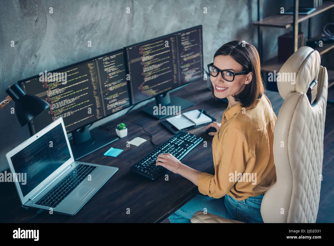Profile side view portrait of attractive cheerful girl geek providing service cyber security at ...