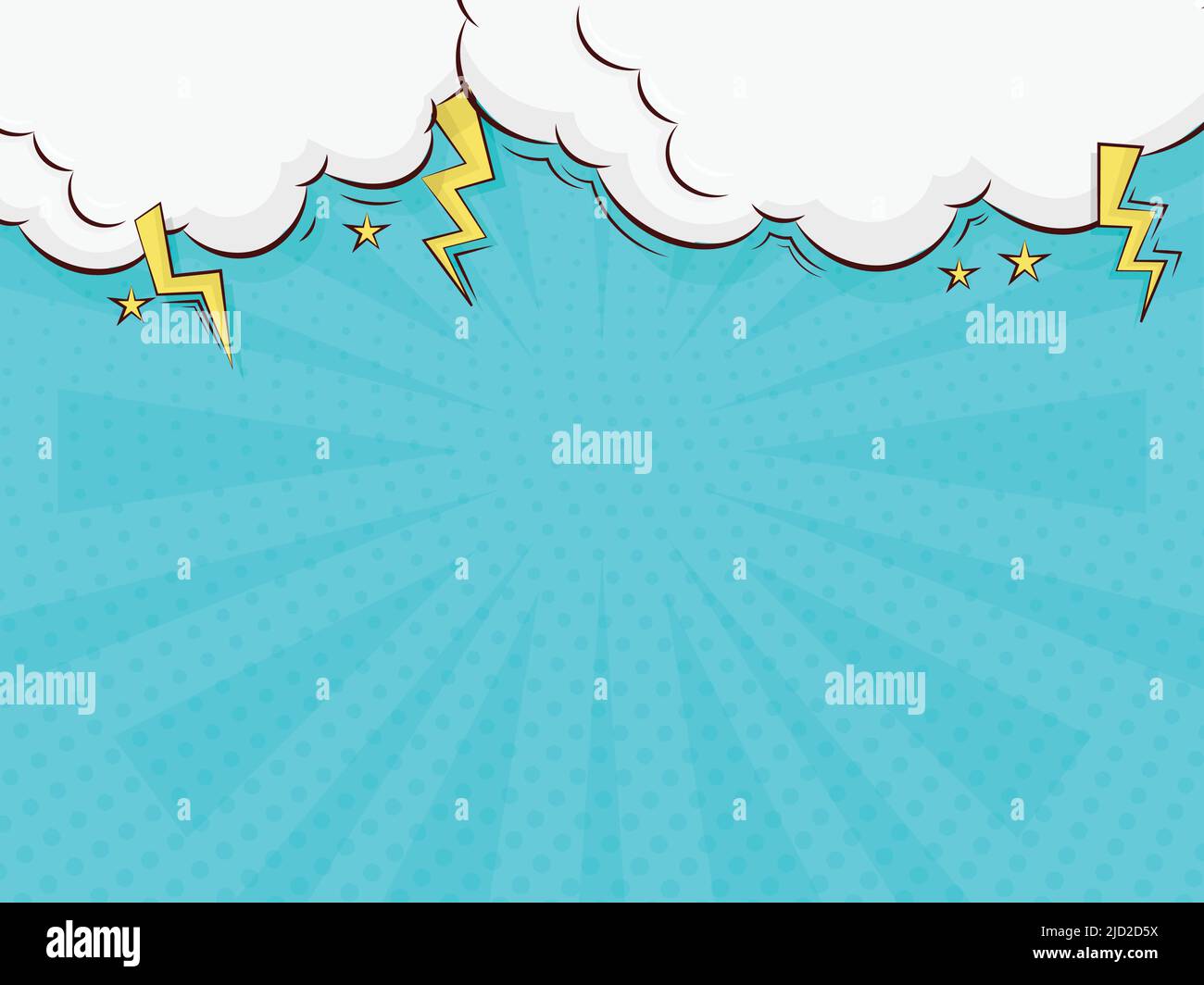 Cyan Rays Dotted Background With Lightning Bolts, Stars, Clouds And ...