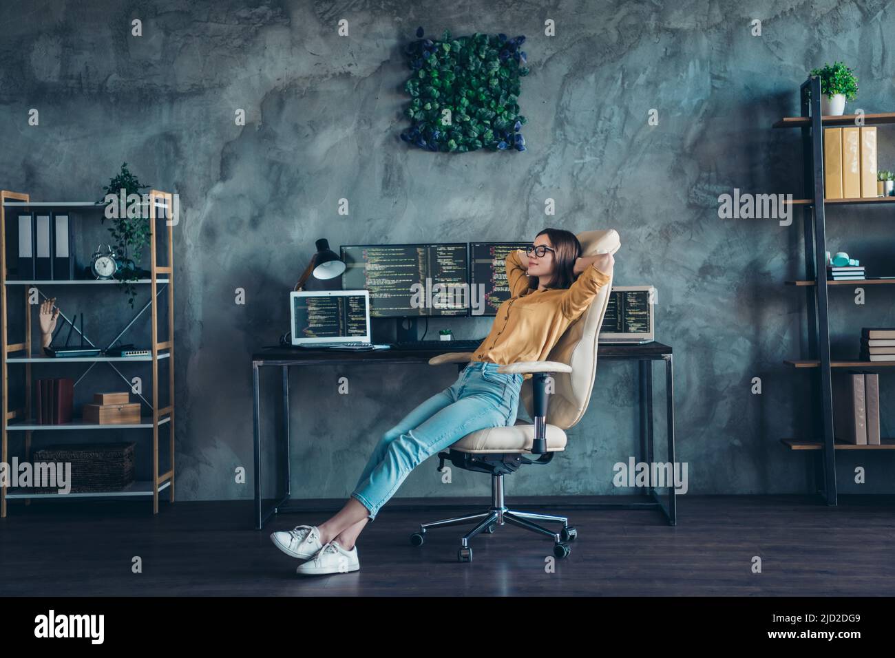 Full length body size view of attractive dreamy girl web developer ... Full length body size view of attractive dreamy girl web developer ...