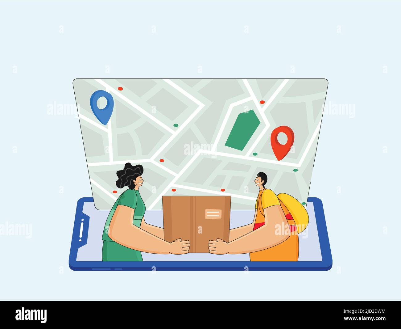 Delivery Man Giving Parcel To Female Customer And Map Navigation ...