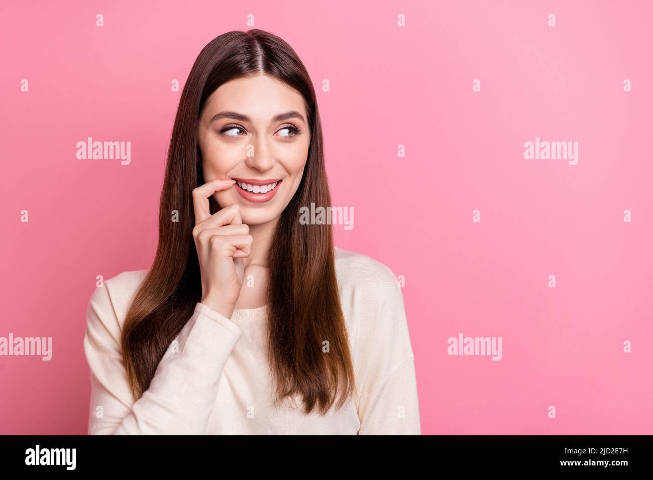 Portrait Of Attractive Cheery Minded Girl Creating Solution Copy Space Isolated Over Pink Pastel