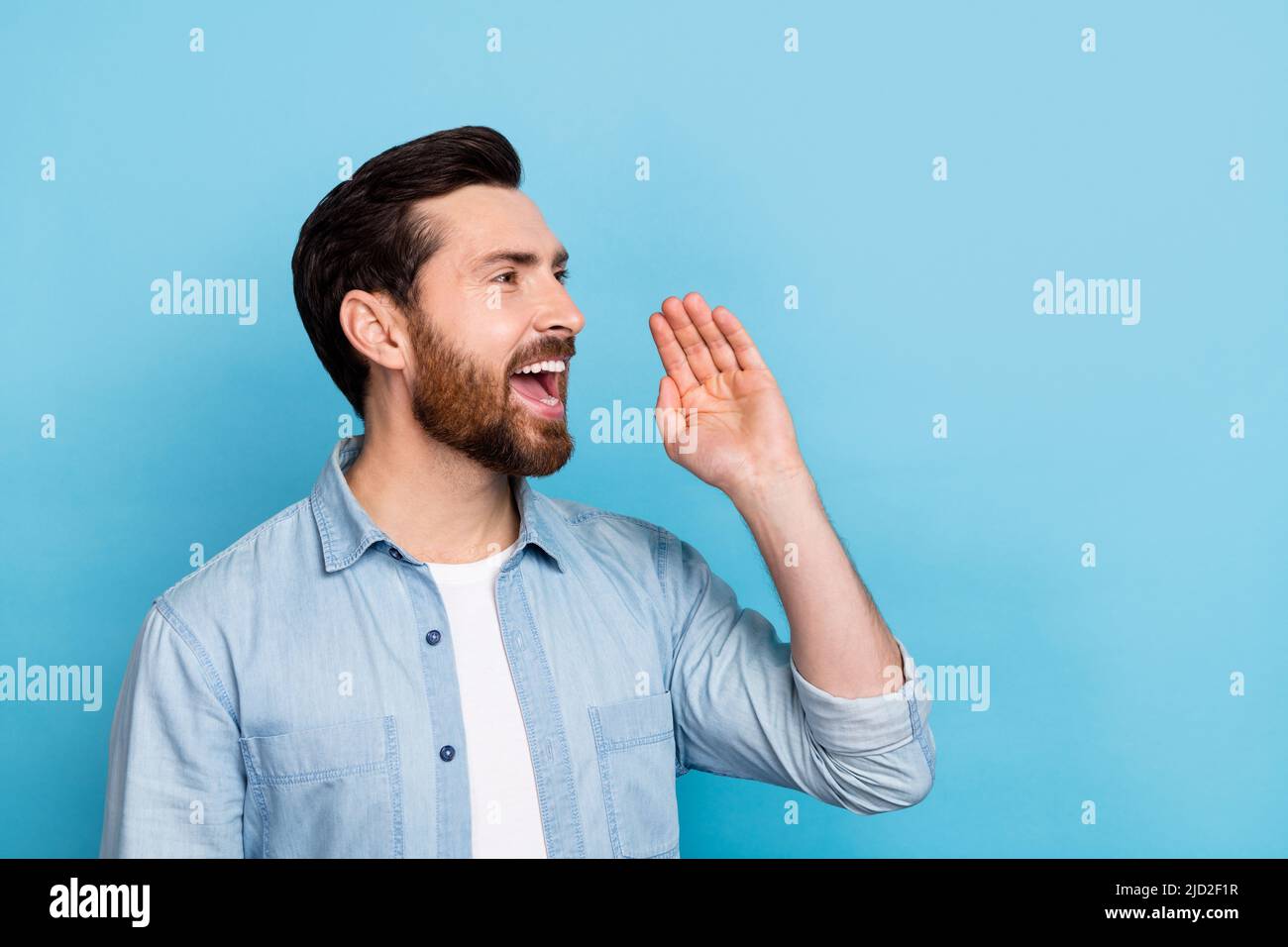 Profile side photo of positive guy arm lips tell say incredible job ...