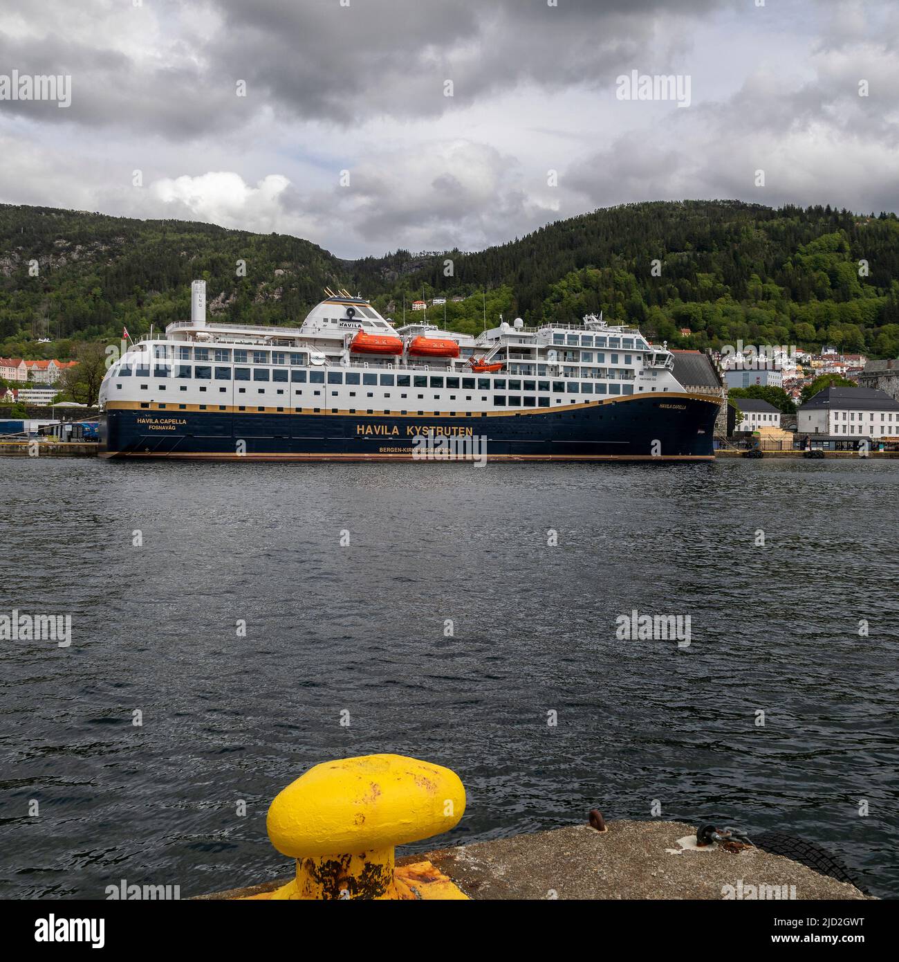 Passenger coastal ferry Havila Capella (built 2021) at Festningskaien ...