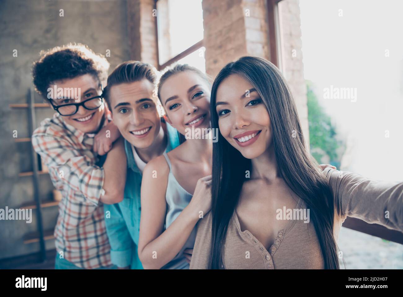 Photo of beautiful people college students take selfie together make ...