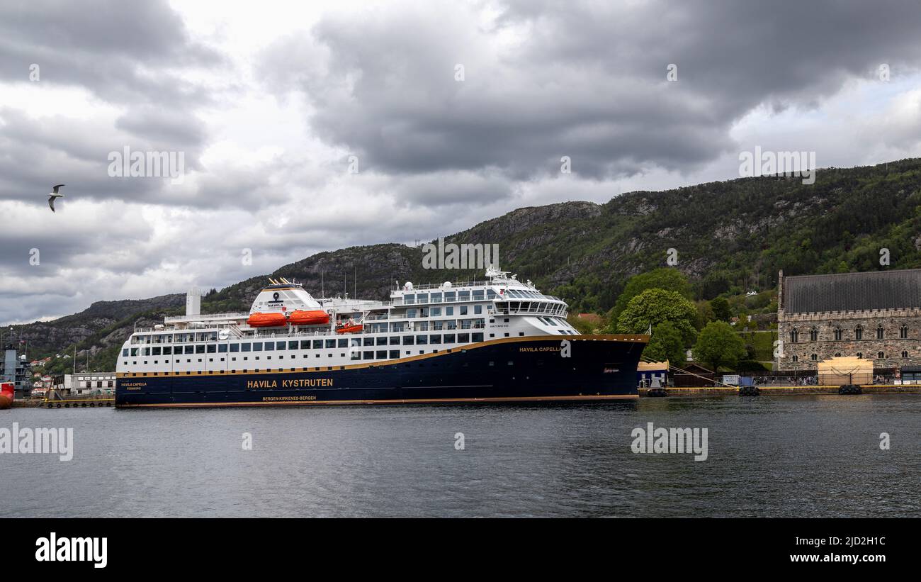 Passenger coastal ferry Havila Capella (built 2021) at Festningskaien ...