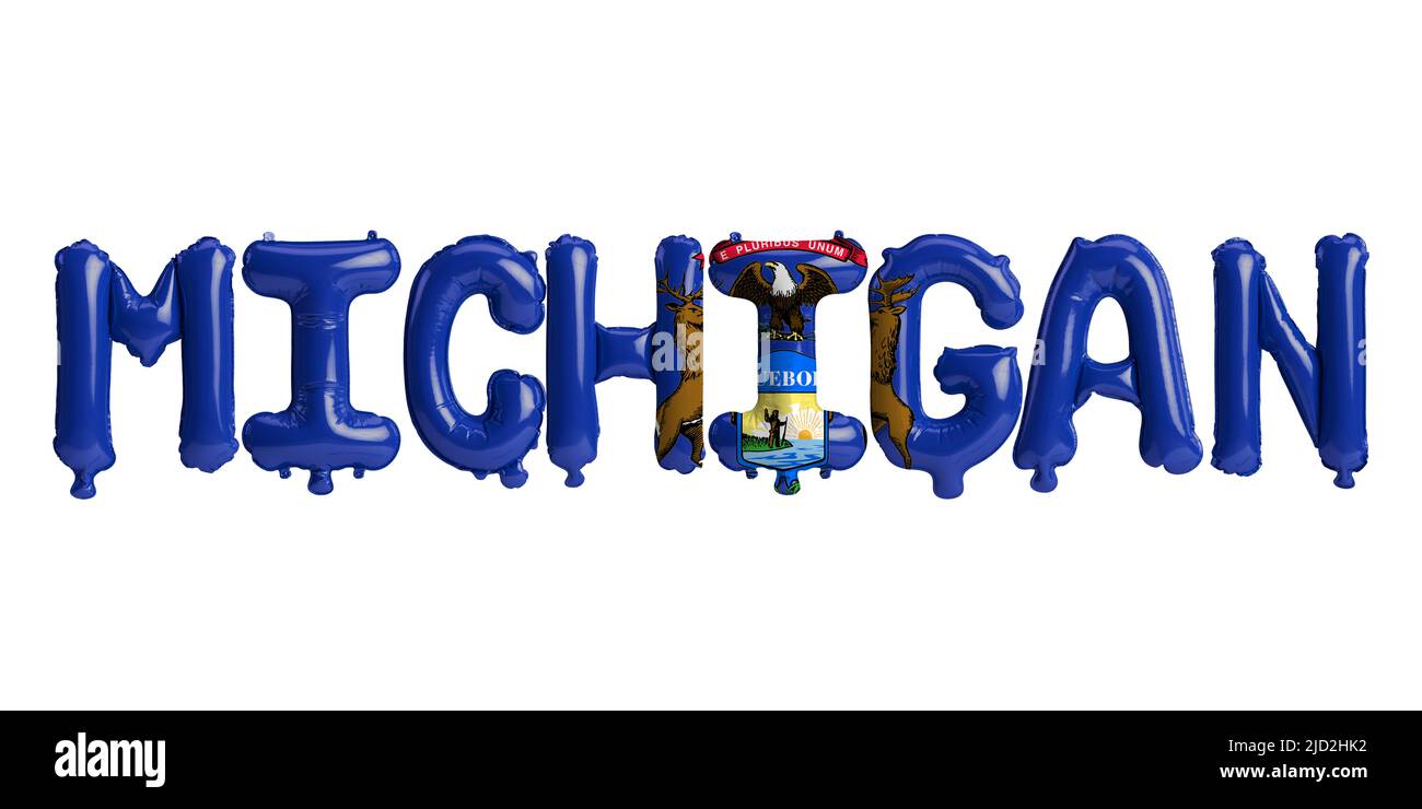 3d illustration of michigan-letter balloons with state flag colors ...